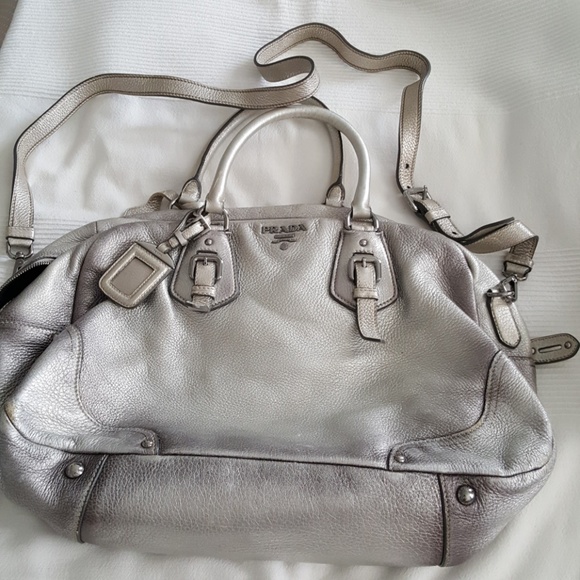 Prada | Bags | Authentic Prada Metallic Silver Cervo Leather Bag | Poshmark